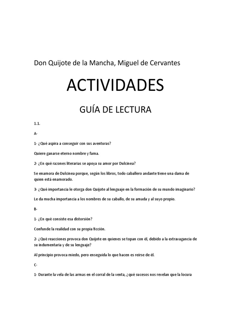 Actividades sobre Don Quijote de la Mancha | PDF | Don Quijote | Miguel ...