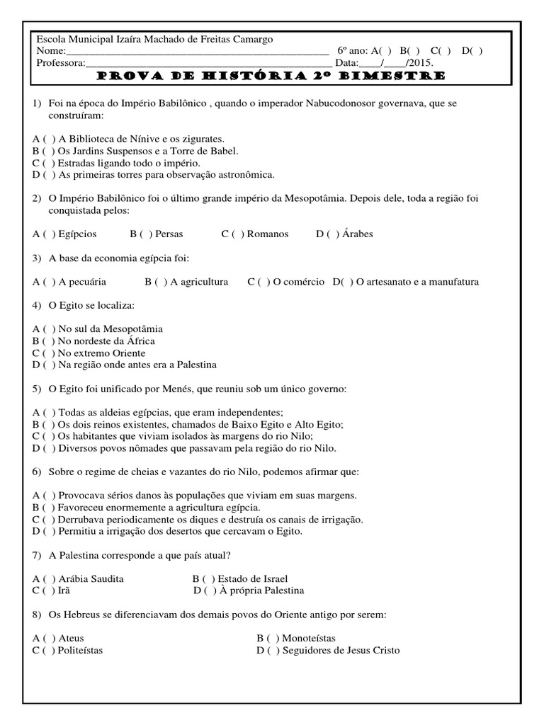 Prova de História 6° Ano 2° Bimestre Antonia | PDF
