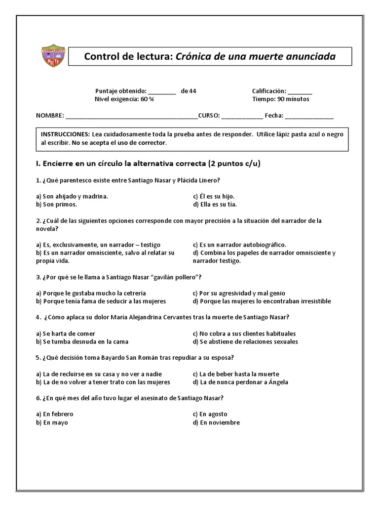 Prueba de Crónica de Una Muerte Anunciada | PDF | Novelas