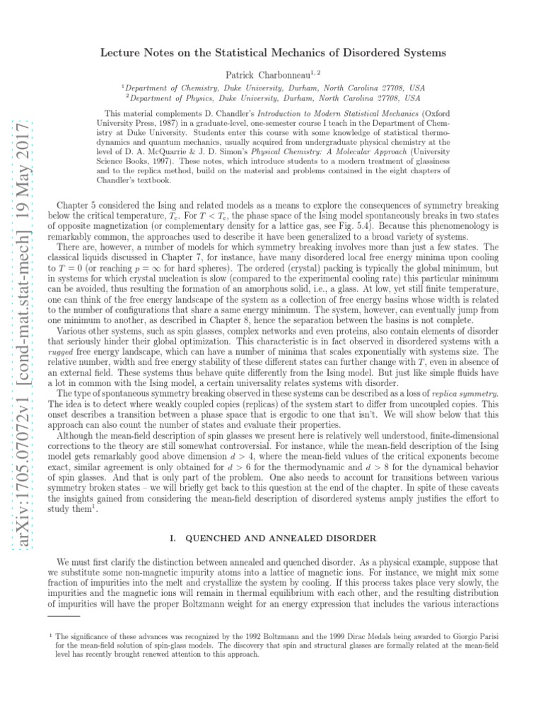 Lecture Notes On The Statistical Mechanics of Disordered Systems | PDF ...