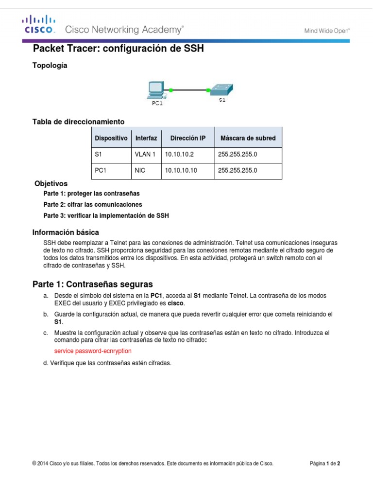 2.2.1.4 Packet Tracer - Configuring SSH Instruction | PDF | Cubierta segura | Contraseña