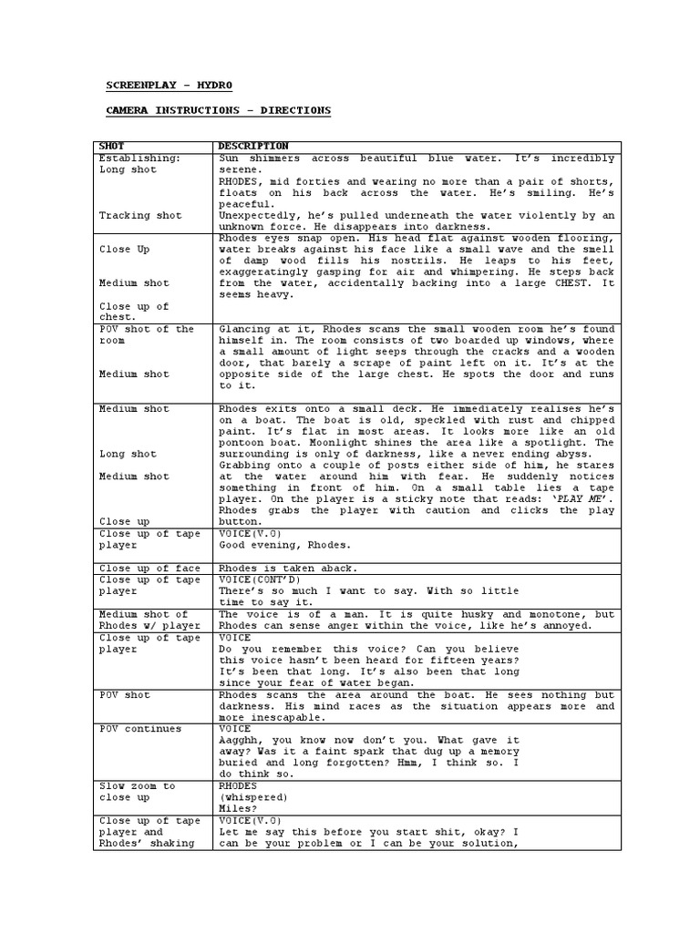 Screenplay - Hydro Camera Instructions - Directions: Shot Description ...
