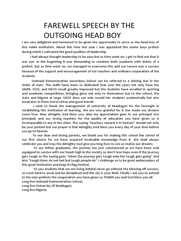 Farewell Speech Head Boy S Farewell Address Pdf Religious Education