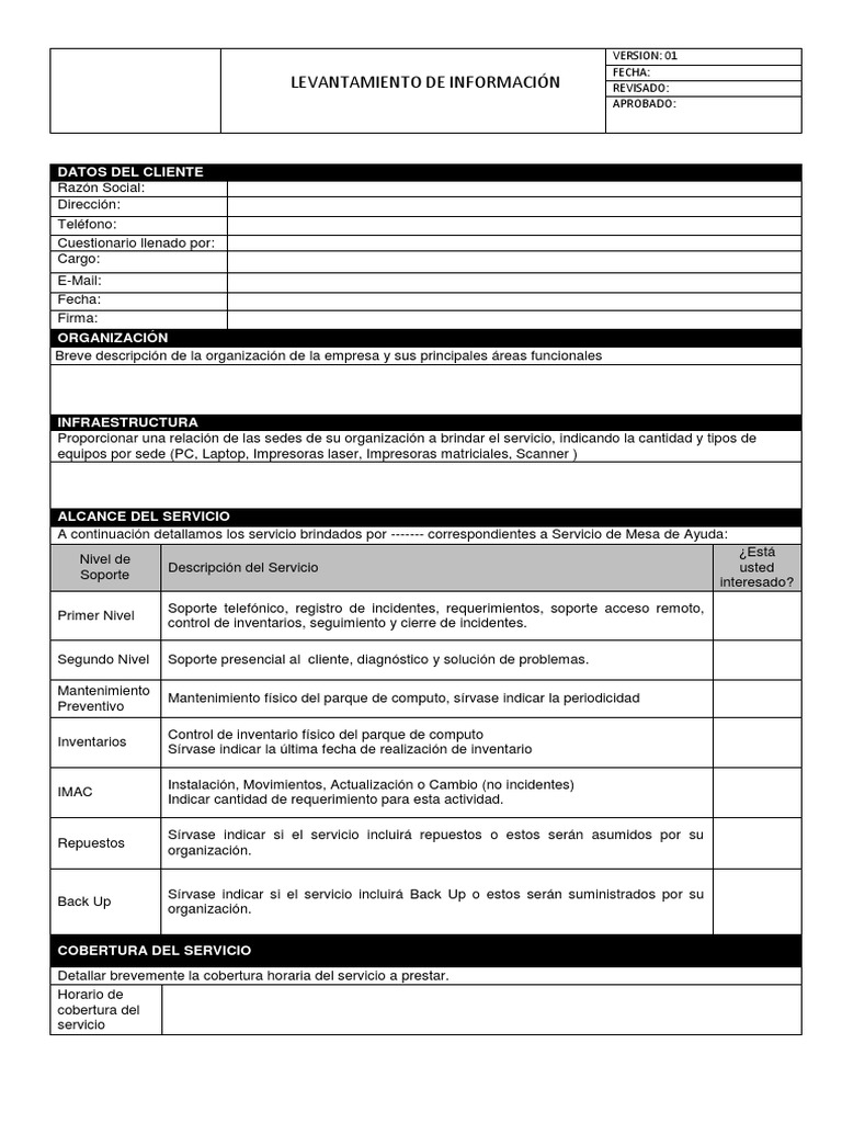 Formato de Levantamiento de Información.docx | Mesa de ayuda | Acuerdo de nivel de servicio
