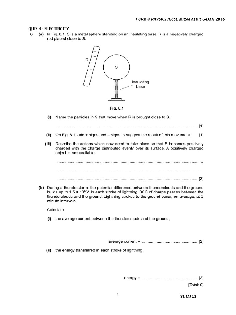 Quiz 4: Electricity: Form 4 Physics Igcse MRSM Alor Gajah 2016 | PDF