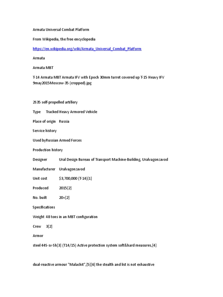Armata Universal Combat Platform | PDF | Armoured Fighting Vehicles ...
