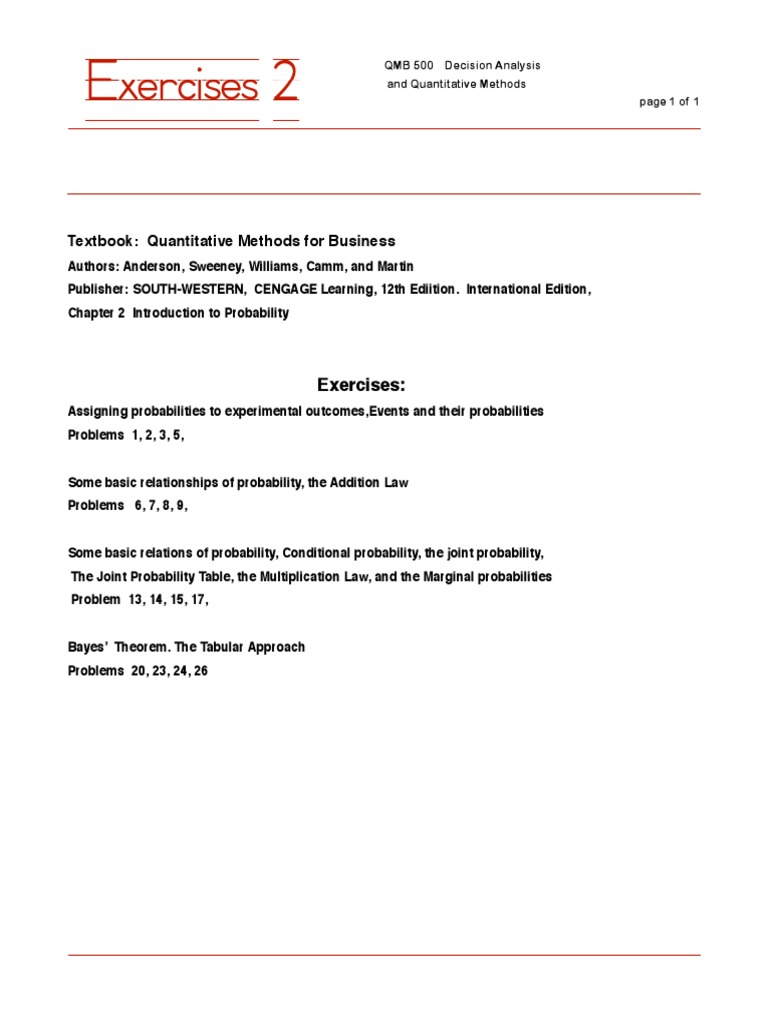 Exercises 2: Textbook: Quantitative Methods For Business | PDF