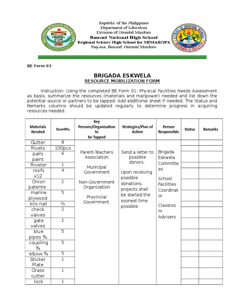 Be Form 3 - Resource Mobilization Form | PDF