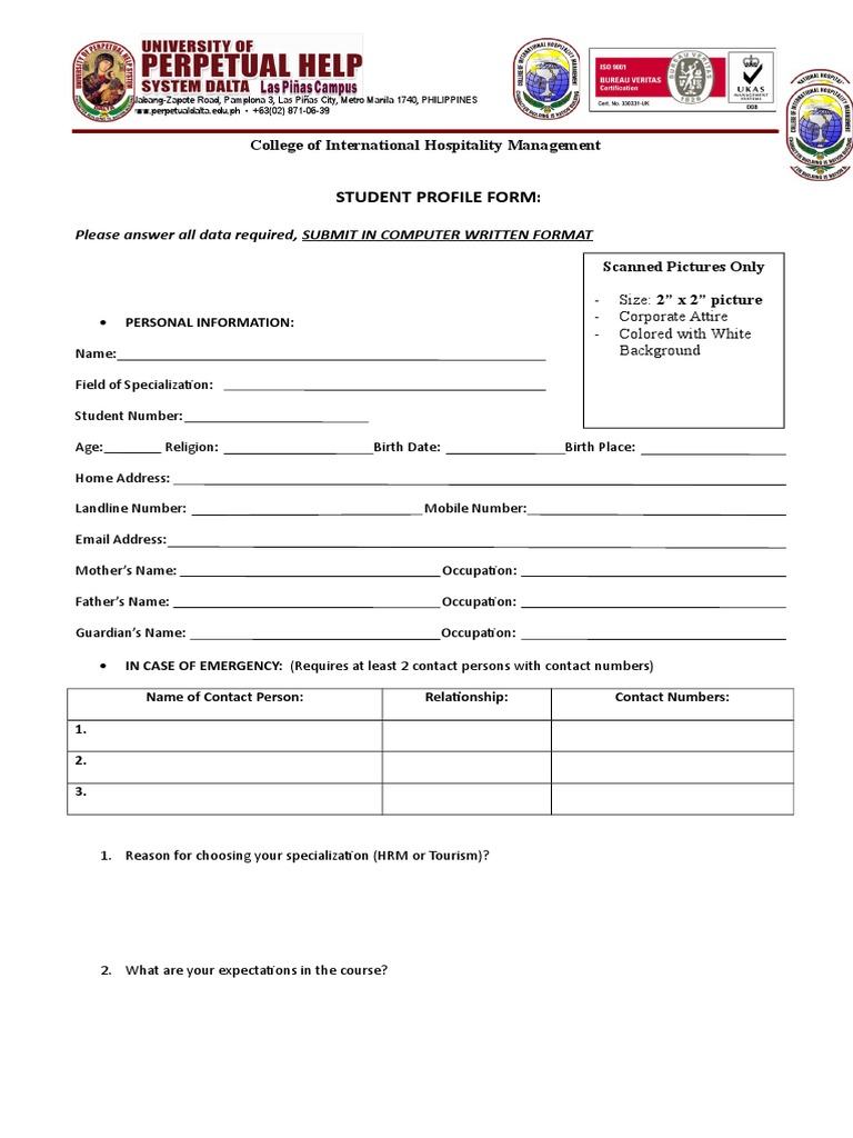 Student Profile Form:: Please Answer All Data Required, SUBMIT IN COMPUTER WRITTEN FORMAT | PDF