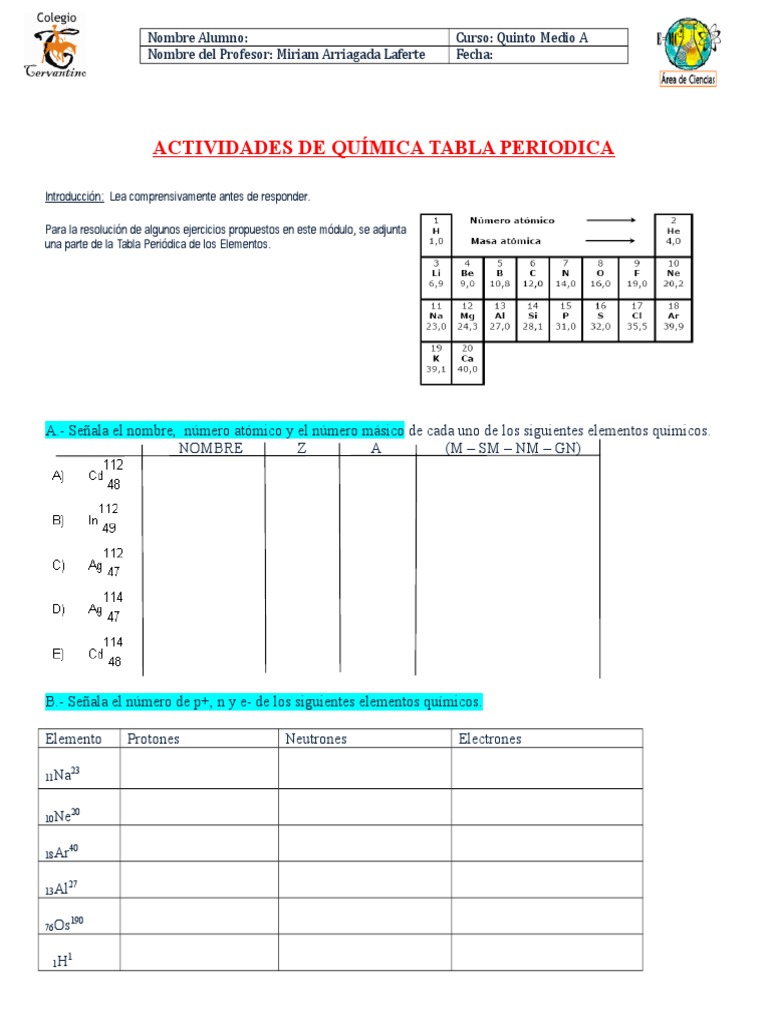 ACTIVIDADES TABLA PERIODICA 2017.doc | Elementos químicos | Átomos