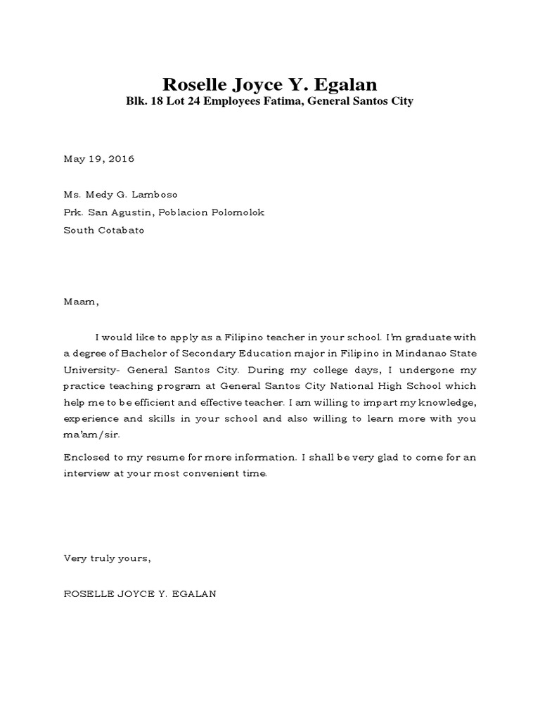 Filipino Teacher Application Letter | PDF