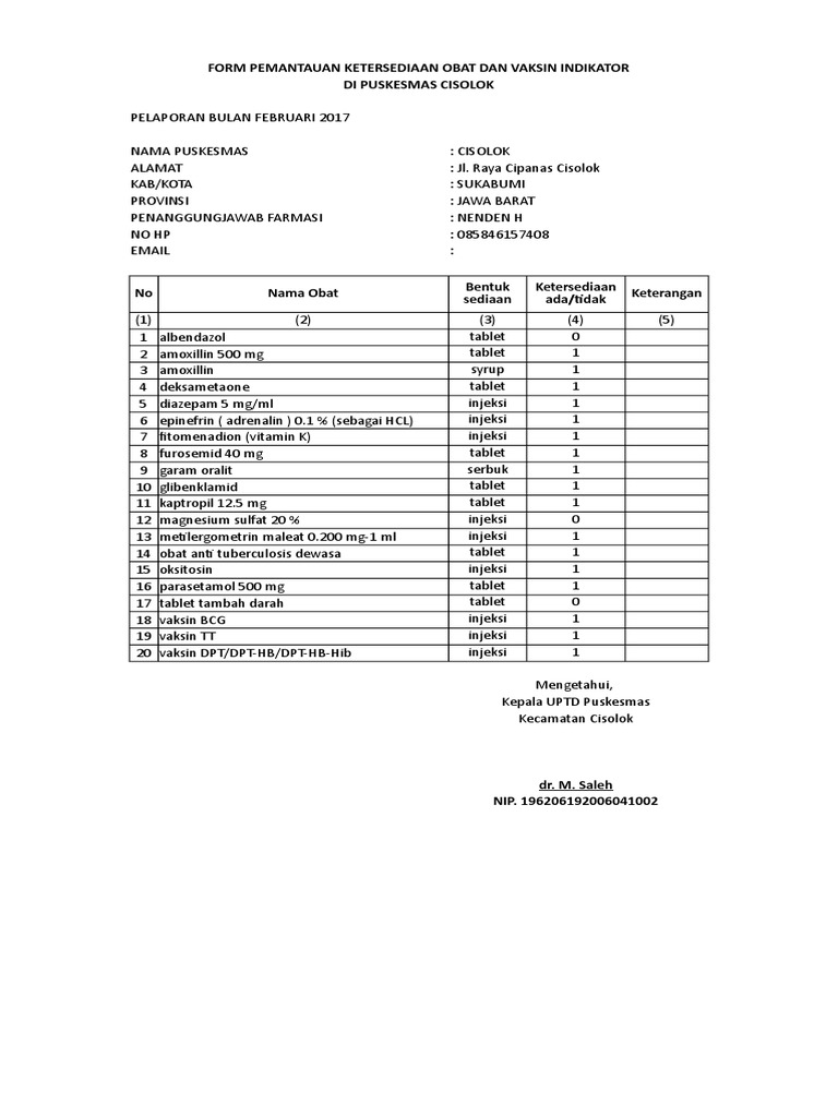 Form Pemantauan Ketersediaan Obat Dan Vaksin Indikator | PDF
