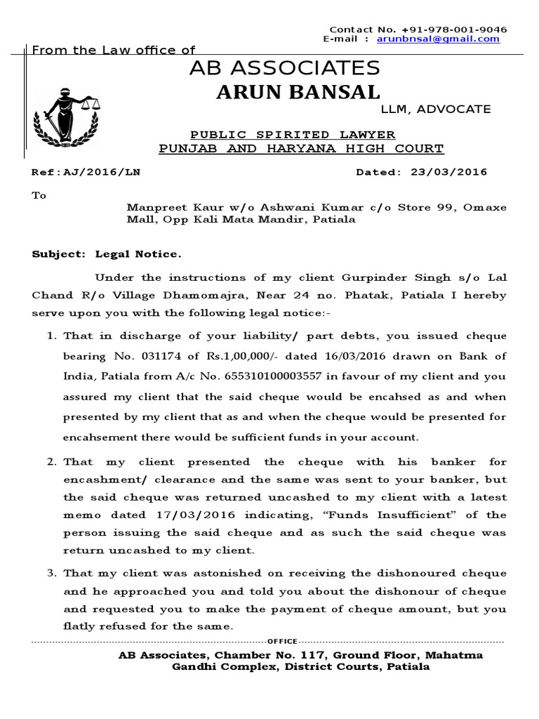 138 Legal Notice Format | PDF | Cheque | Banks