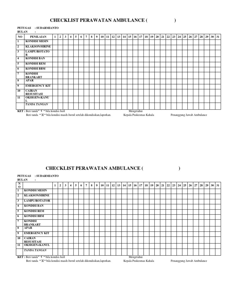 Checklist Perawatan Ambulance | PDF