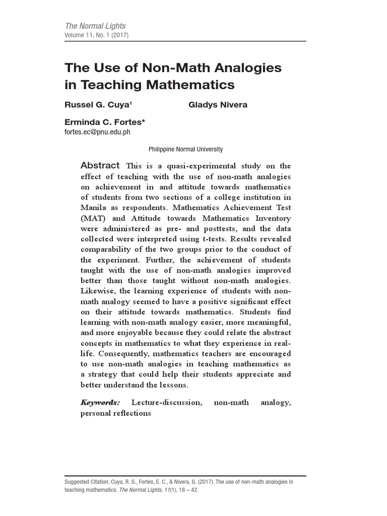 The Use of Non-Math Analogies in Teaching Mathematics | PDF ...