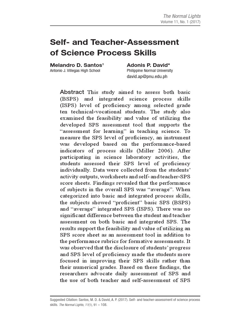 Self - and Teacher-Assessment of Science Process Skills | PDF ...