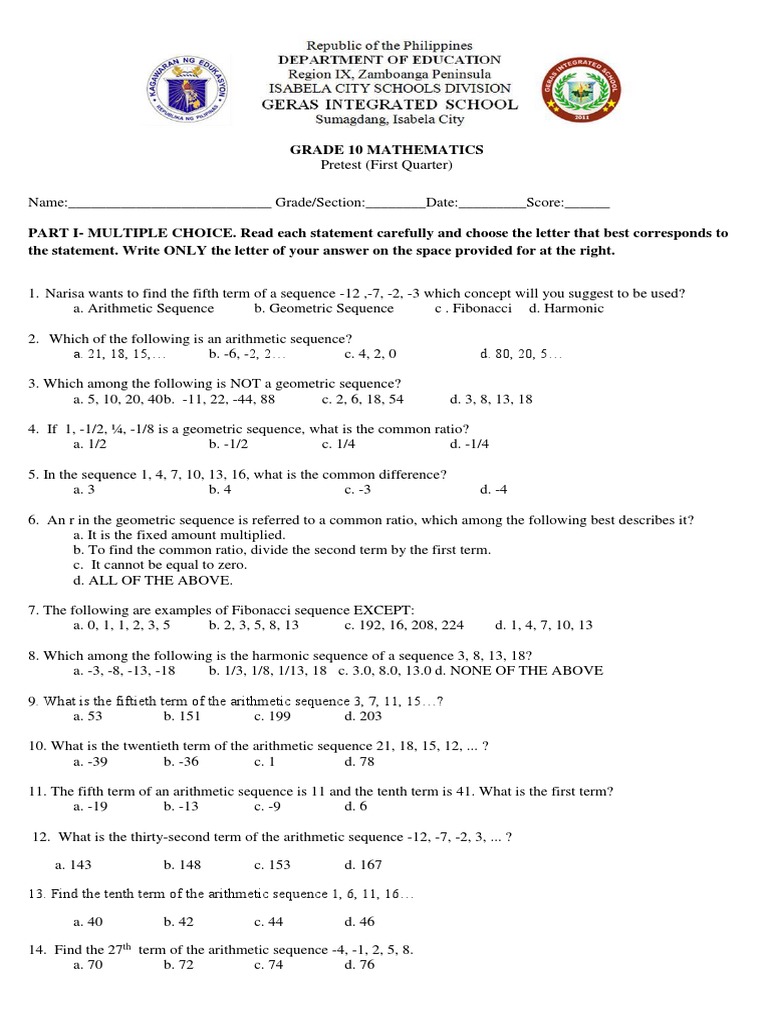 Grade 10 Mathematics 1st Quarter PT | PDF | Ratio | Arithmetic