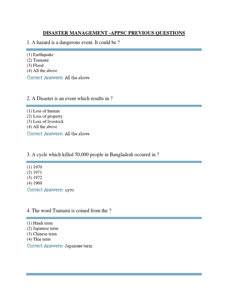 APPSC Disaster Management Questions | PDF | Tsunami | Emergency Management