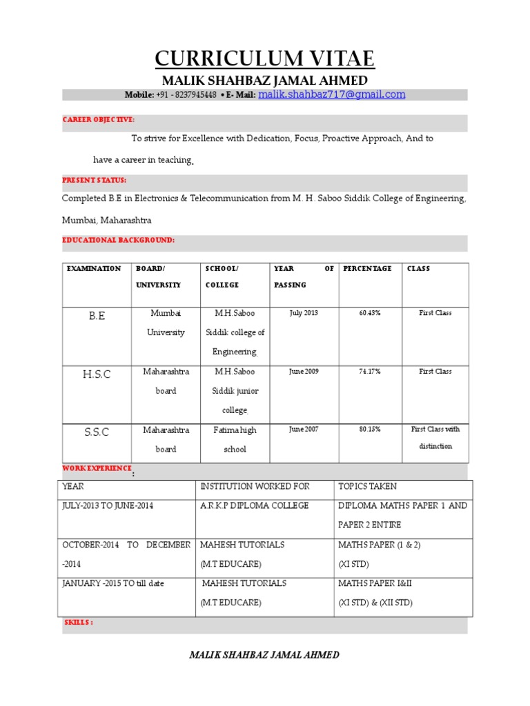 CV Maths Teacher | Descargar gratis PDF | Cognition | Communication