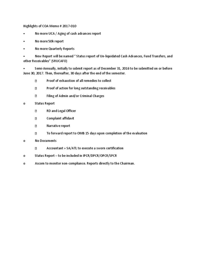 Highlights of COA Memo 2017-010