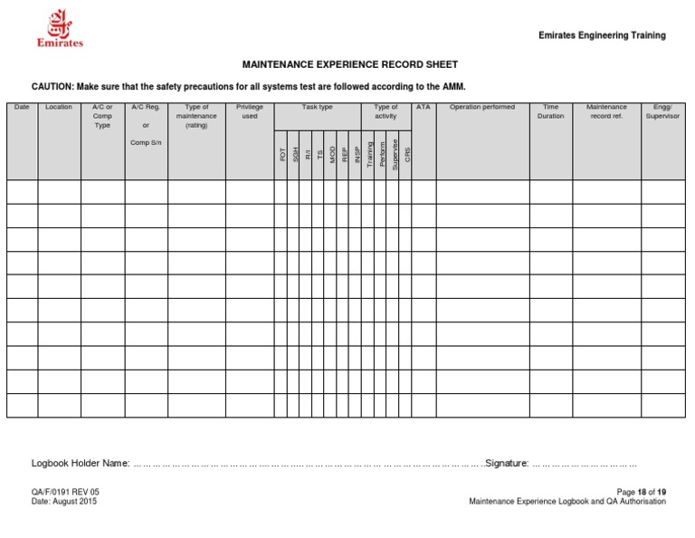 Maintenance Experience Record Sheet: Emirates Engineering Training | PDF