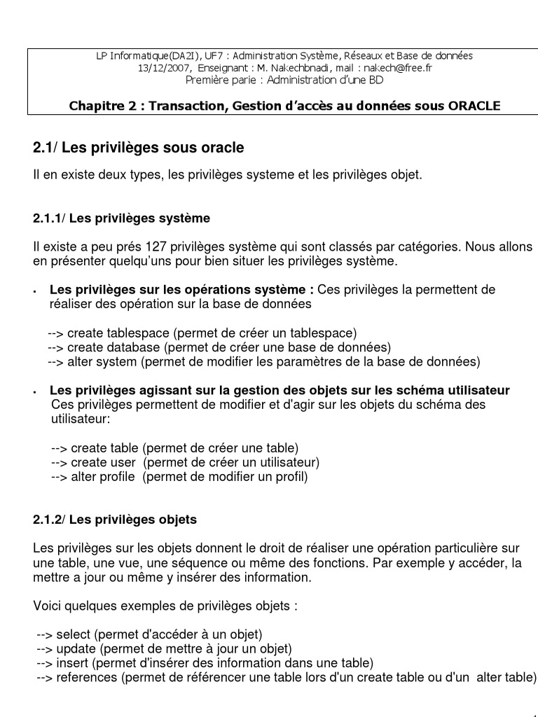 Guide Oracle - Rôle - Les Types de Privilèges Oracle PDF | PDF | SQL ...