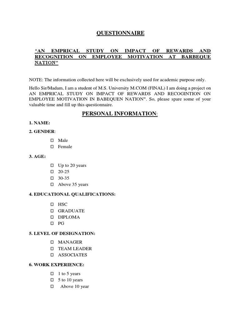 Questionnaire | PDF | Employee Retention | Motivation