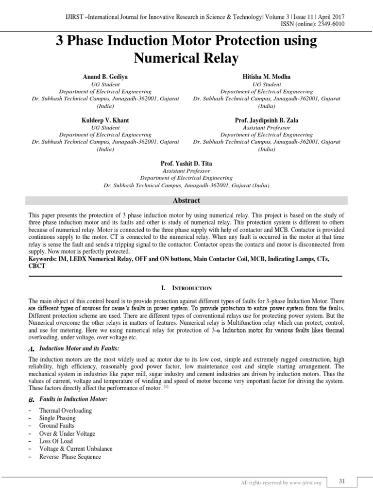 3 Phase Induction Motor Protection Using Numerical Relay | PDF | Relay ...
