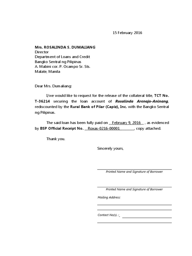Request For Release of Collateral - Rosalinda Aninang-T | PDF