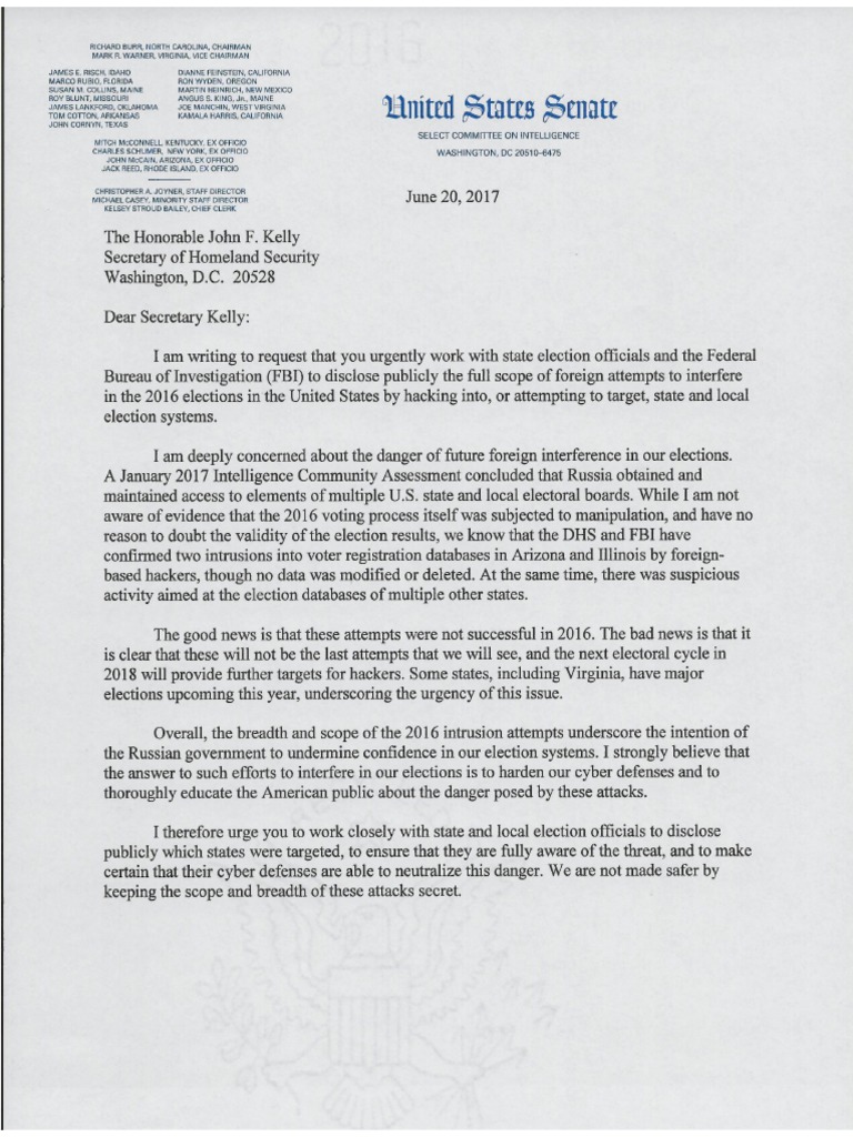 Letter To DHS Secretary Kelly From Senator Warner To Disclose Publicly ...