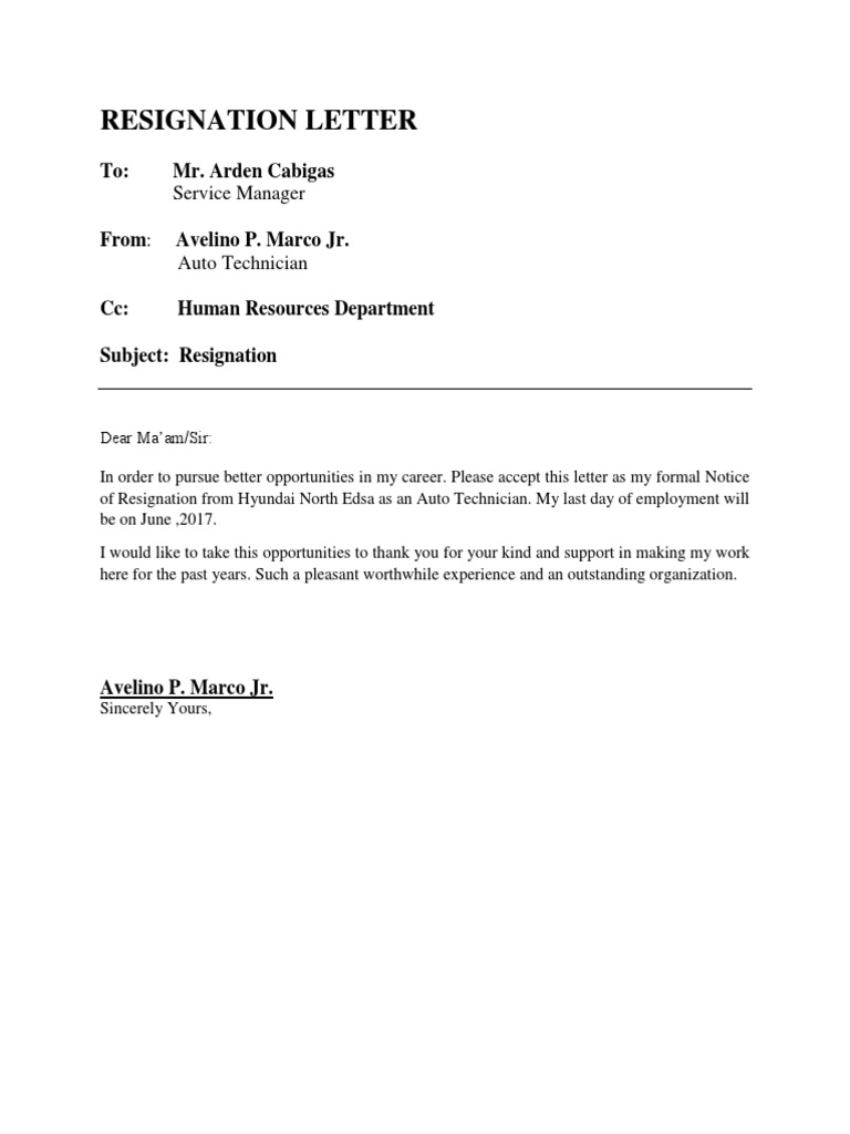 Resignation Letter: To: Mr. Arden Cabigas | PDF