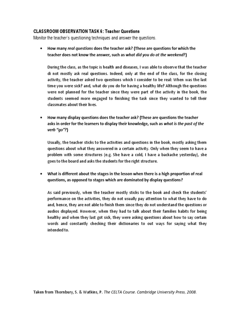 Classroom Observation Task 6 Teacher Questions | PDF