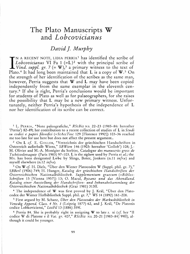 The Plato Manuscripts W and Lobcovicianus: David) - Murphy | PDF ...