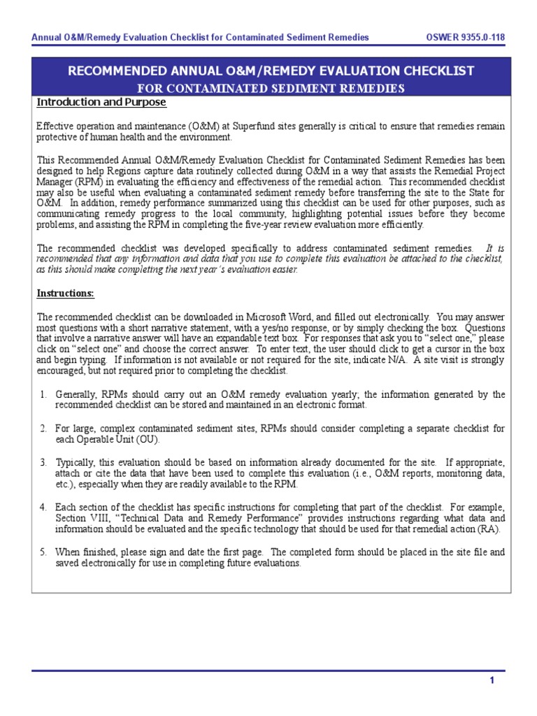 Recommended Annual O&M/Remedy Evaluation Checklist For Contaminated ...