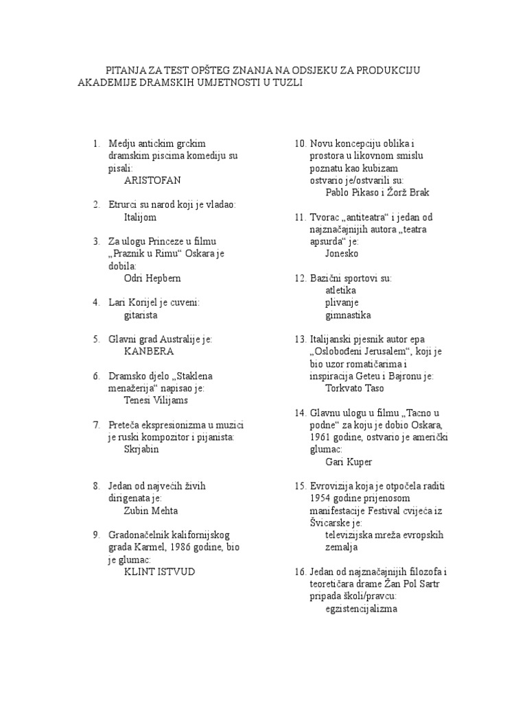 Pitanja Za Test Opšteg Znanja | PDF