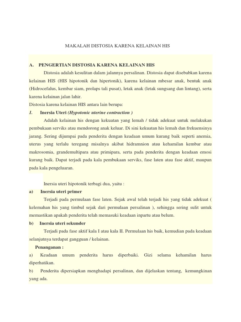 Makalah Distosia Karena Kelainan His | PDF
