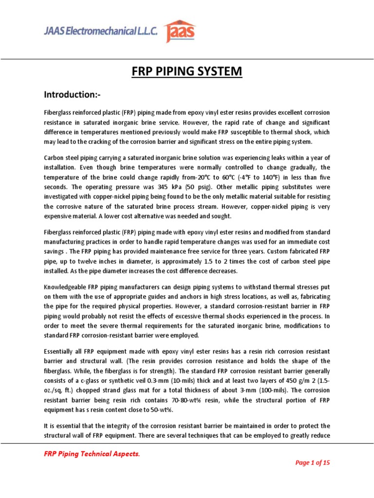FRP Piping System | PDF | Fiberglass | Fibre Reinforced Plastic
