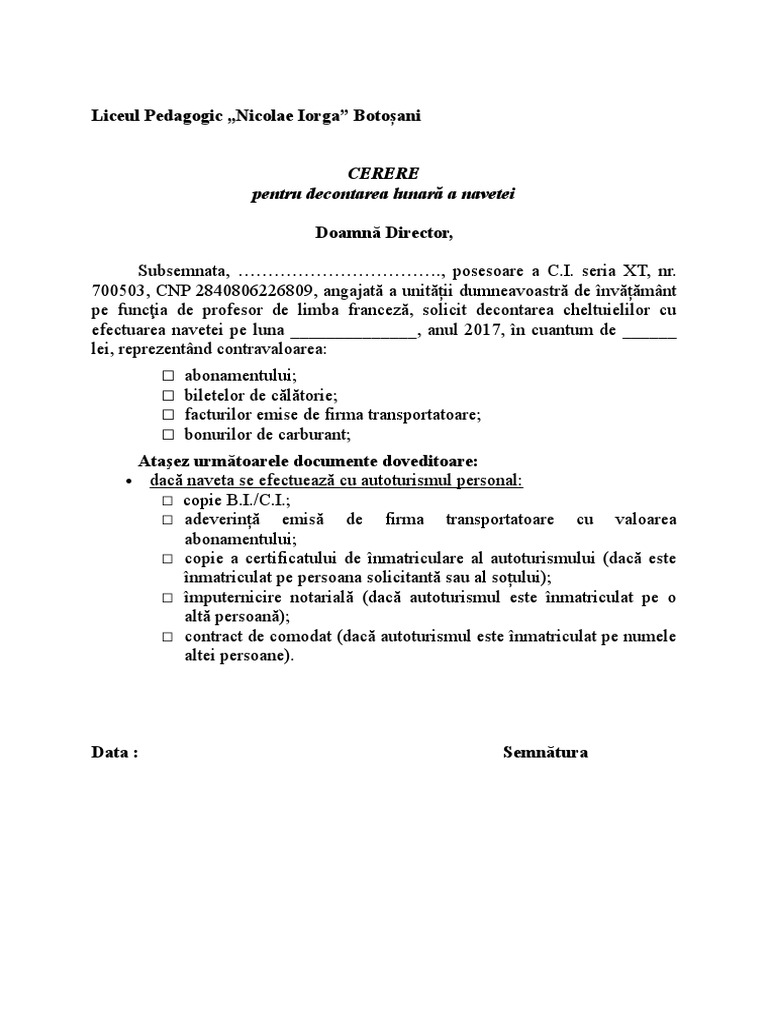 Cerere Decontare Naveta