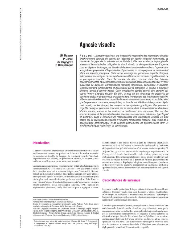 Agnosie Visuelle PDF | PDF | Cortex cérébral | Aphasie