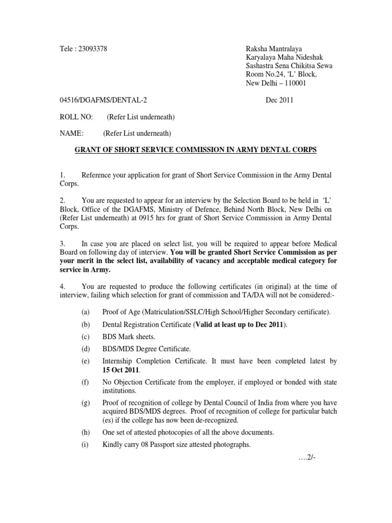 Call Letter List Dental - INDIAN ARMY DENTAL CORPS 2012 | PDF | Dental ...