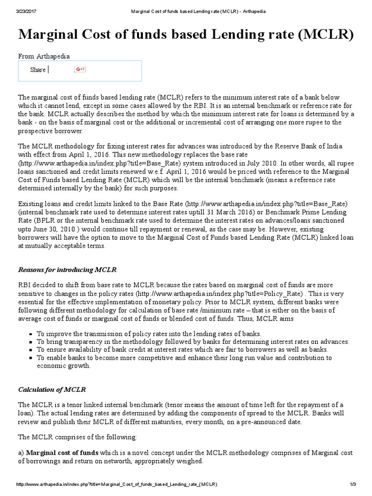 Marginal Cost of Funds Based Lending Rate (MCLR) - Arthapedia | PDF ...