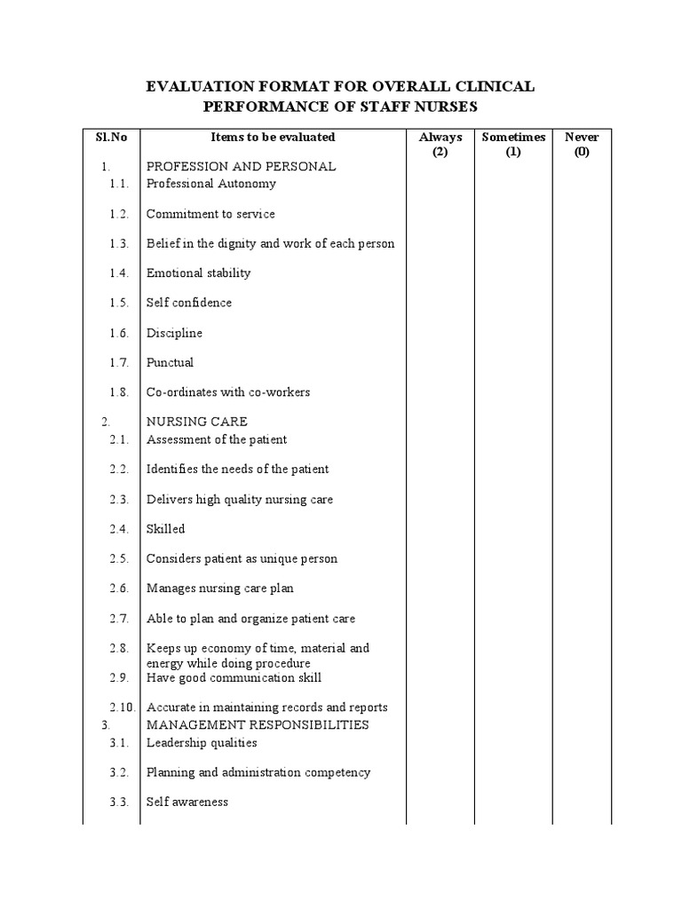 Staff Nurse Clinical Performance Evaluation | PDF