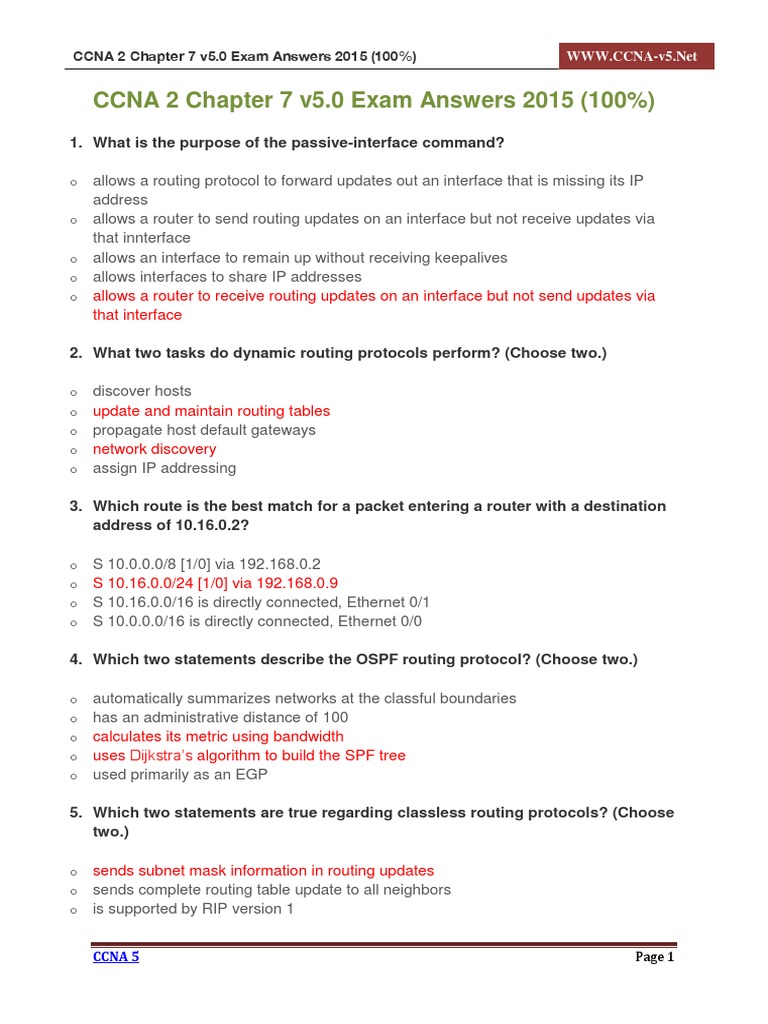 CCNA 2 Chapter 7 v5.0 Exam Answers 2015 100 | PDF | Routing | Router (Computing)
