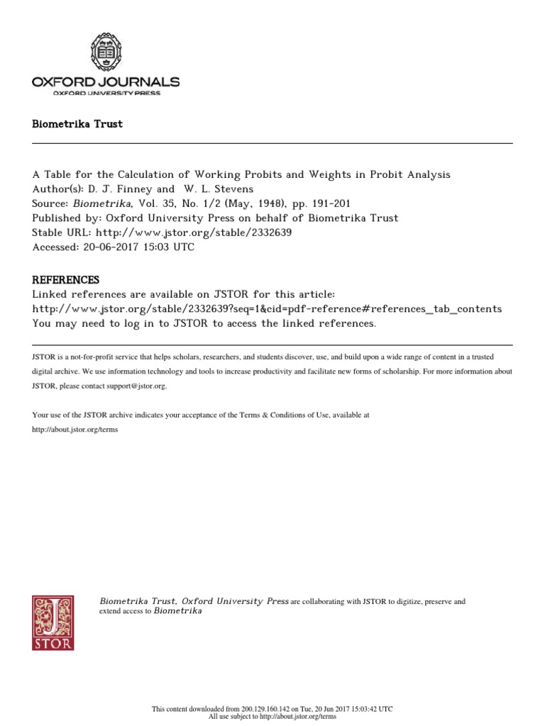 A Table For The Calculation of Working Probits and Weights in Probit ...