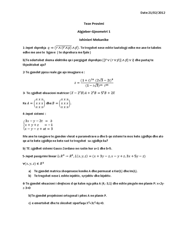 Teze Provimi Algjeber-Gjeometri | PDF