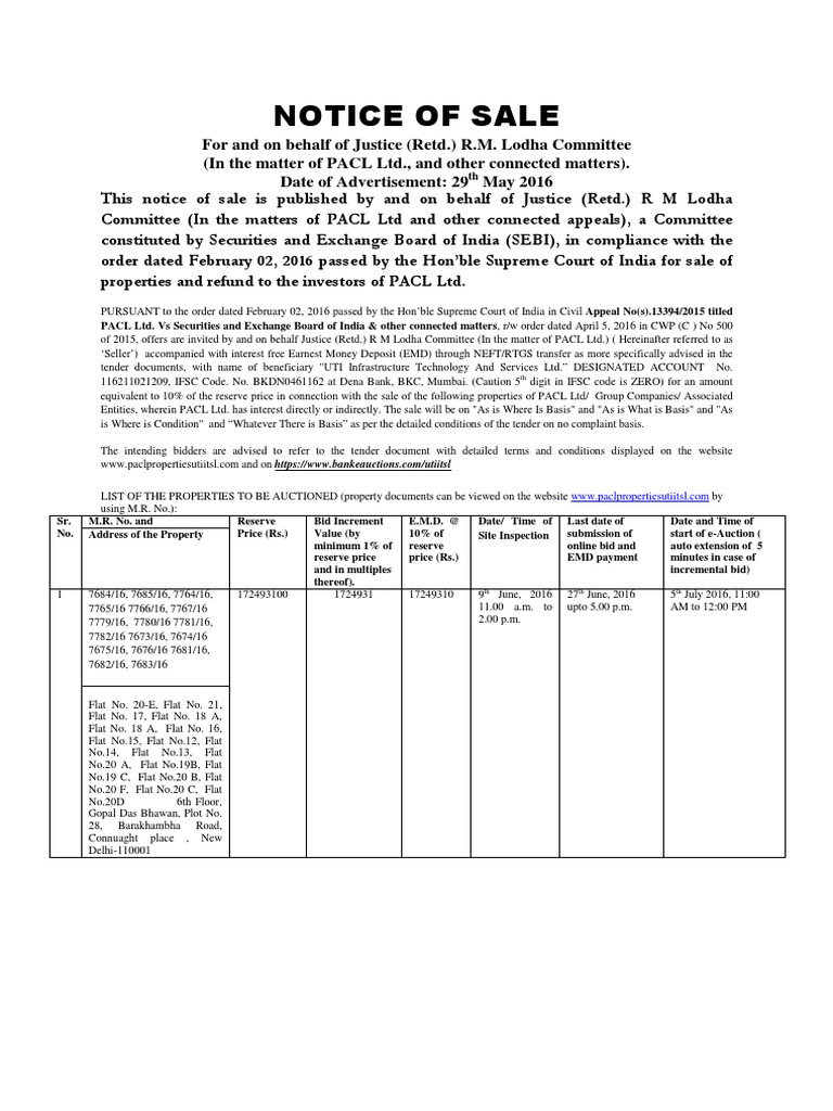 PACL Lodha Commette Final NOTICE of SALE With Property Details | PDF ...