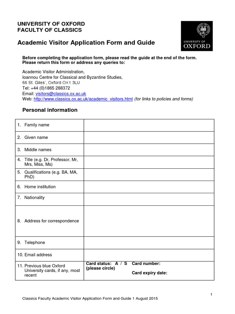 Academic Visitor Application Form Rev August 2015 | PDF | University Of ...