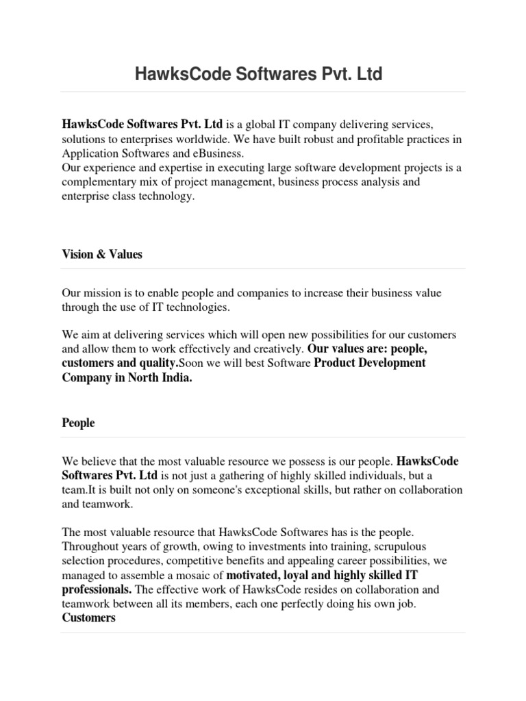 HawksCode Softwares PVT LTD - Company Profile | PDF | Outsourcing ...