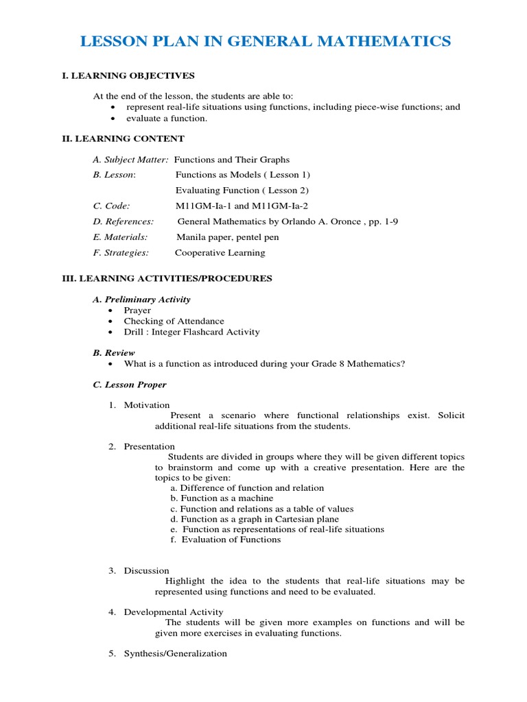 General Math Lesson Plan | Download Free PDF | Lesson Plan | Function ...