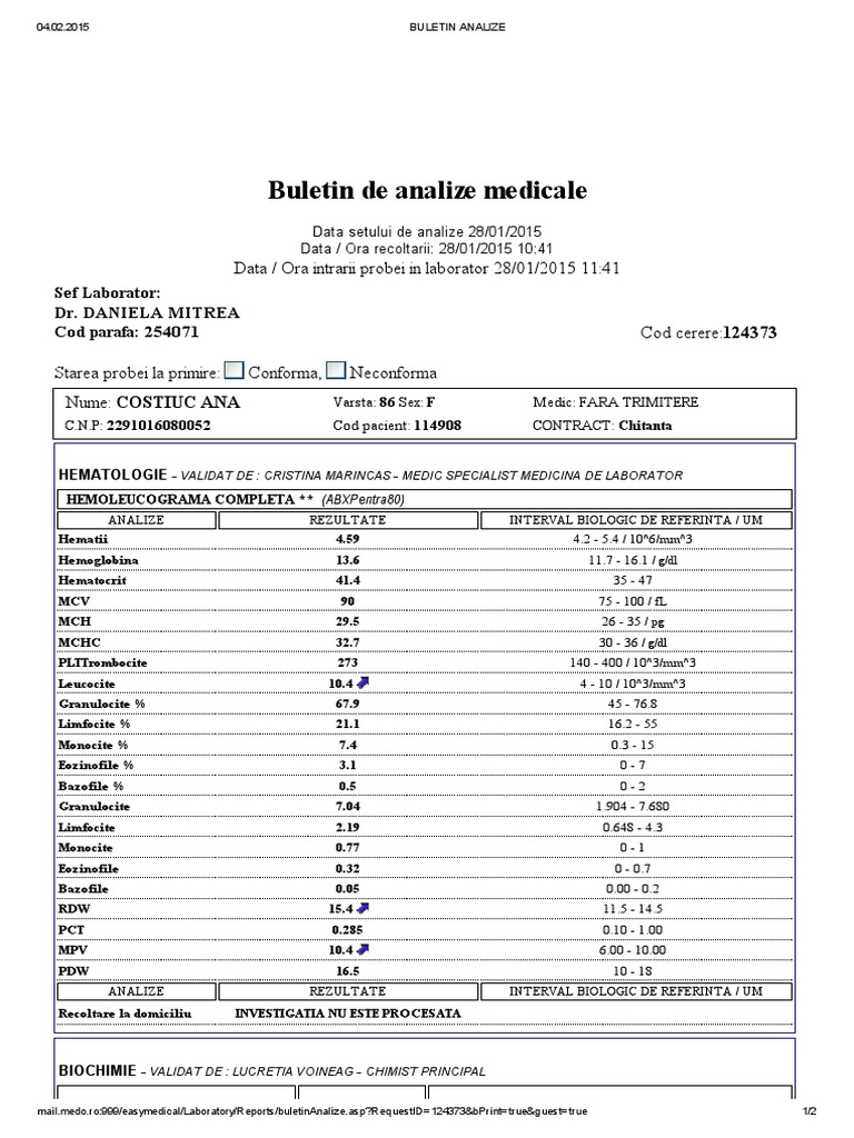 BULETIN ANALIZE | Blood Proteins | Blood